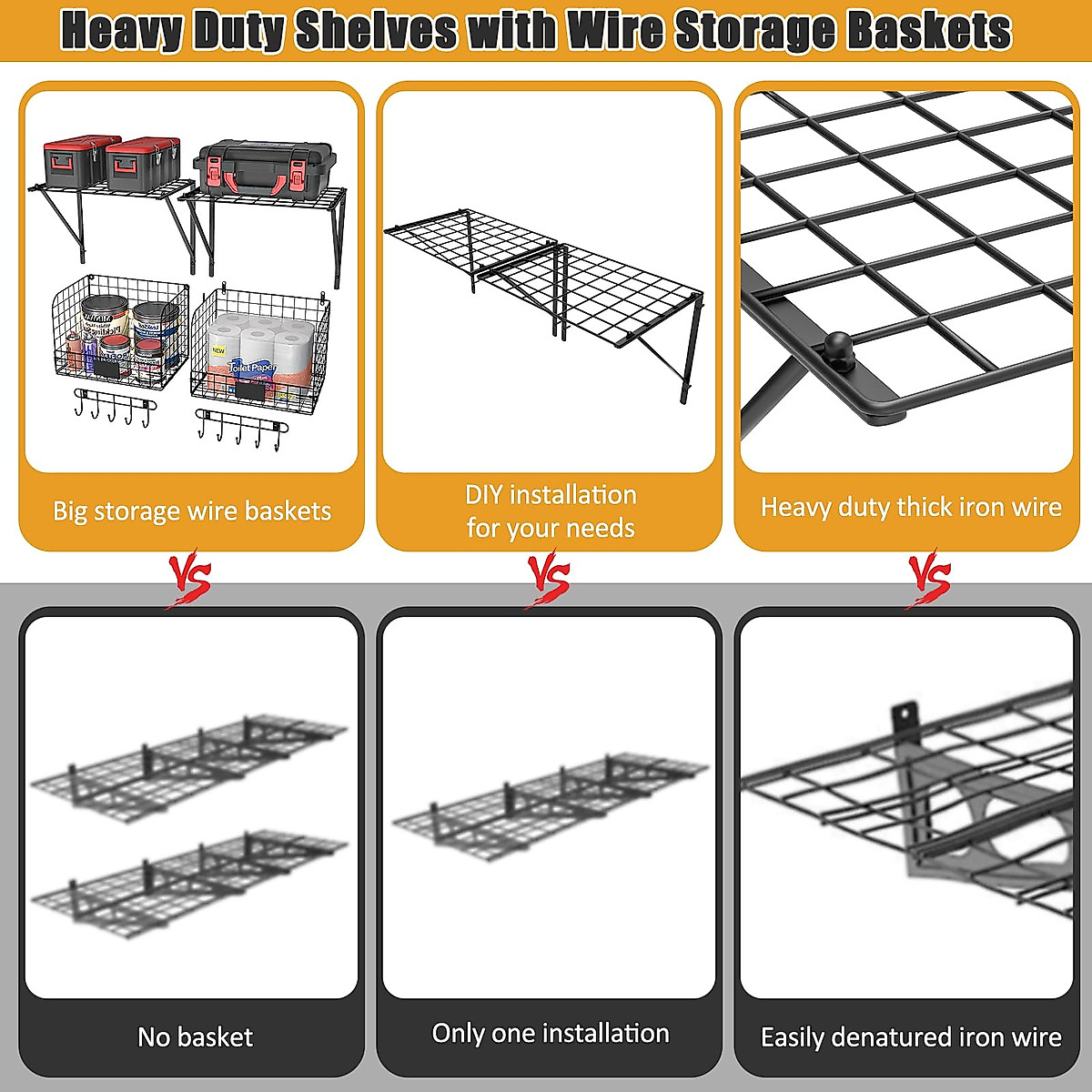 ThreeHio 2 Pack Garage Shelves Wall Mounted with Wire baskets, Heavy Duty Garage Wall Shelving with Hooks, Wire Shelf Baskets Tool Organizer for Home Garden Garage Organization and Storage