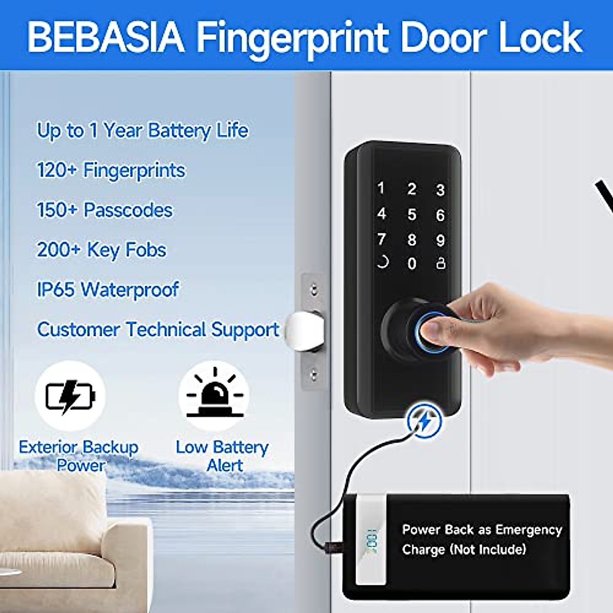 BEBASIA Smart Door Lock, Keyless Entry Door Lock, Fingerprint Door Lock, Door Locks with Keypads, Bluetooth WiFi Door Locks, Keypad Door Lock with Reversible Handle, APP Control, Fobs, Code (Black)