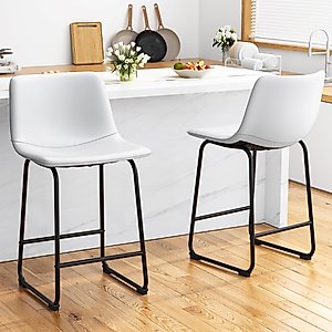 REONEY Bar Stools Set of 2, PU Leather Counter Height Bar Stools, 26" Modern Bar Stools with Metal Legs and Footrest, Urban Armless Dining Chairs with Backrest for Kitchen Island (White)