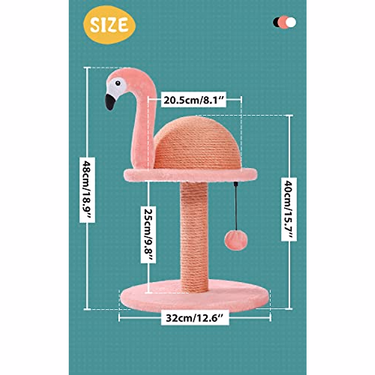 PETEPELA Cat Scratching Post, Flamingos Natural Sisal Cat Scratcher with Interactive Toy Ball and Extra Replacement Sisal Scrathing Pole for Kittens and Small Cats Pink
