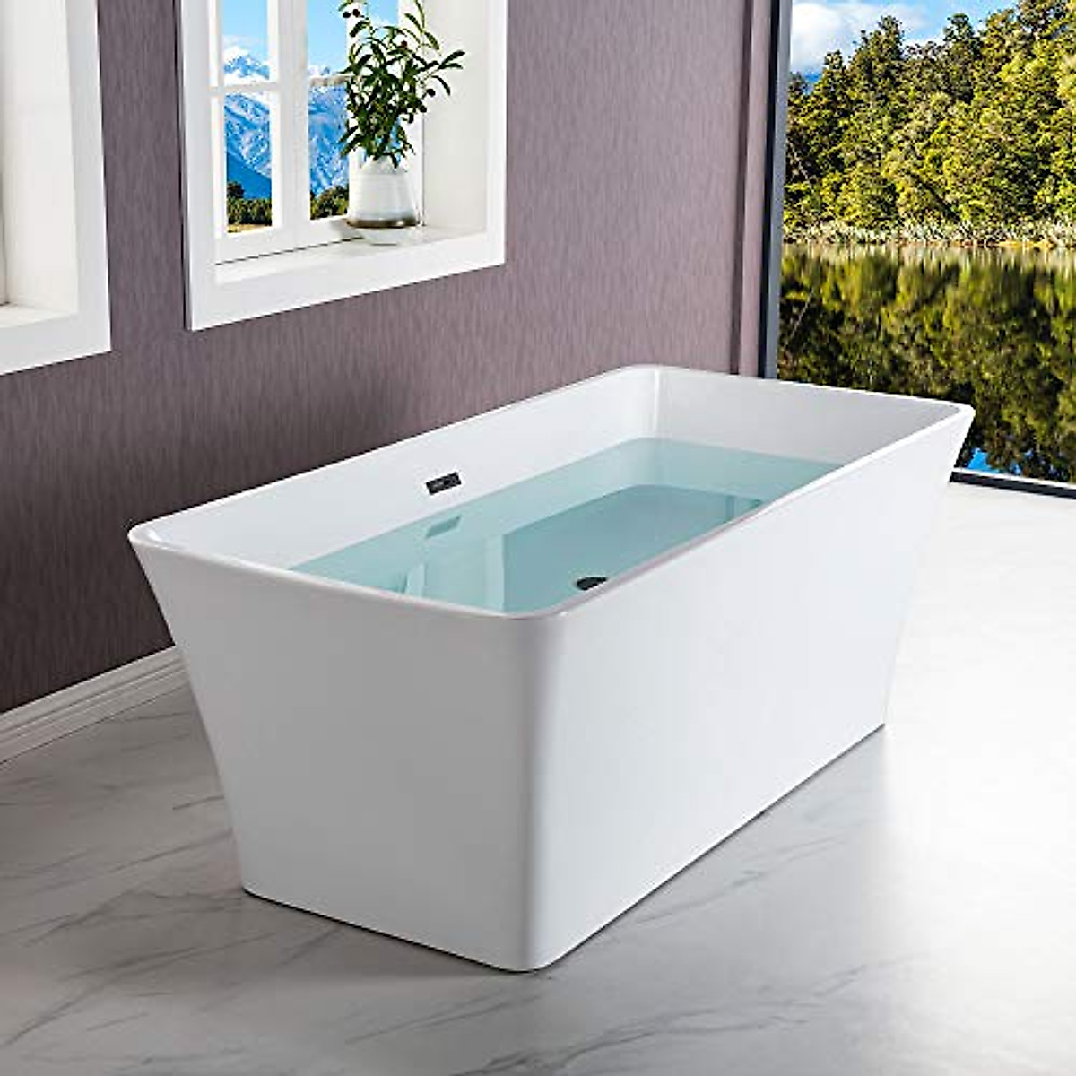 WOODBRIDGE 59" Freestanding White Acylic Soaking Bathtub with Matte Black Drain and Overflow,BTS1509-MB-Drain&O