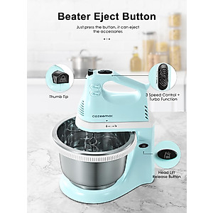 2 in 1 Hand Mixers Kitchen Electric Stand mixer with bowl 3 Quart, electric mixer handheld for Everyday Use, Dough Hooks & Mixer Beaters for Frosting, Meringues & More (Aqua)