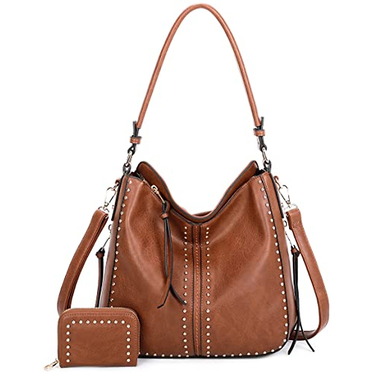 Concealed Carry Hobo Bag Crossbody Purse Shoulder Bag Hand Bag Wallet Studded Faux Leather Women Tote Bag (Brown)