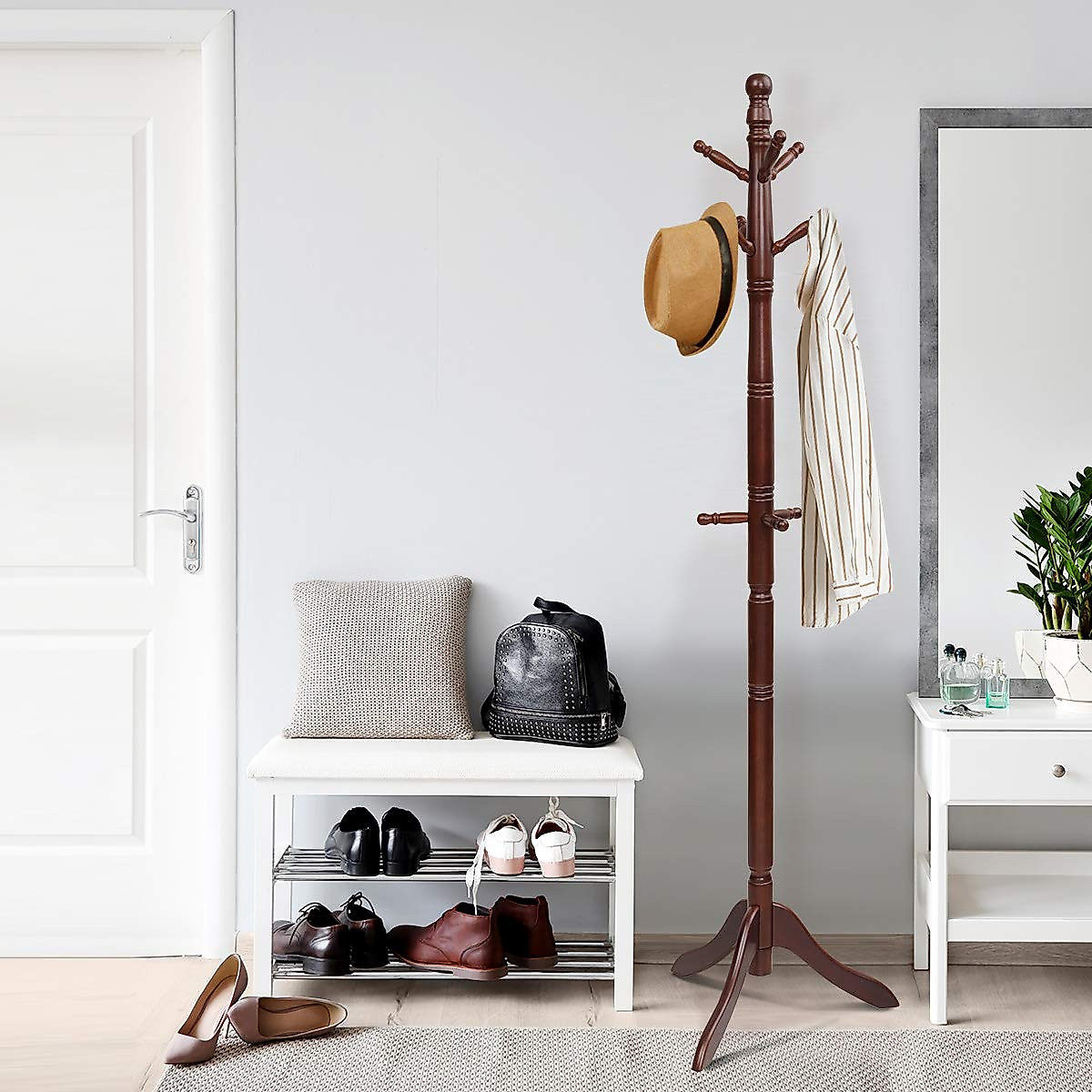 Tangkula Wood Coat Rack Freestanding, Entryway Height Adjustable Coat Stand with 9 Hooks & Stable Tri-Legged Base, Rubber Wood Coat Tree Hall Tree Coat Hanger Stand for Home Office Hall Entryway