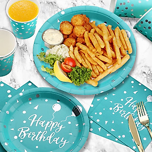 joy akkess 175PCS Teal Birthday Decorations Teal Party Decorations Teal Birthday Plates Serves 25 Guests Birthday Plates and Napkins for Happy Birthday Party Decorations Baby Shower