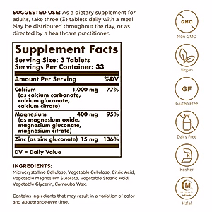 Solgar Calcium Magnesium Plus Zinc - 100 Tablets, Pack of 3 - Promotes Healthy Bones, Supports Nerve & Muscle Function - Non-GMO, Vegan, Gluten Free - 100 Total Servings