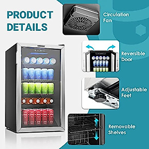 EUHOMY Beverage Refrigerator and Cooler, 110 Can Mini fridge with Glass Door, Small Refrigerator with Adjustable Shelves for Soda Beer or Wine, Perfect for Home/Bar/Office (Slive).