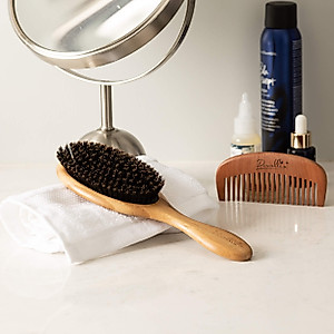 Boar Bristle Hair Brush Set for Women and Men - Designed for Thin and Normal Hair - Adds Shine and Improves Hair Texture - Wood Comb and Gift Bag Included (black)