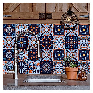Tile Stickers Pattern Orange Blue Stick on Tiles Bathroom PVC Self Adhesive Wall Tiles Kitchen Stick on Wall Tiles Waterproof Peel and Stick Floor Tiles Self Adhesive Tiles for Walls