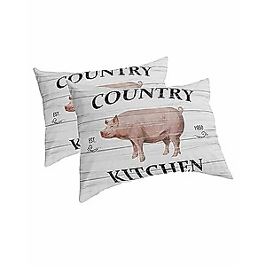 Edwiinsa Farmhouse Pig Pillow Covers Standard Size Set of 2 20x26 Bed Pillow, Farm Animals Rustic Oil Painting Wooden Plush Soft Comfort for Hair/Skin Cooling Pillowcases with Envelop Closure