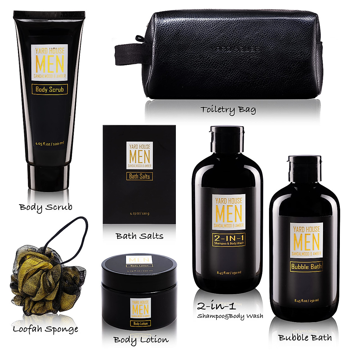 YARD HOUSE Bath and Body Spa Gift Baskets Set for Men - Sandalwood Amber - 7Pc Spa Kit w. Full Size Items in Leather Toiletry Bag - Christmas Holiday Gifts for Him, Birthday, Fathers Day Gifts Idea