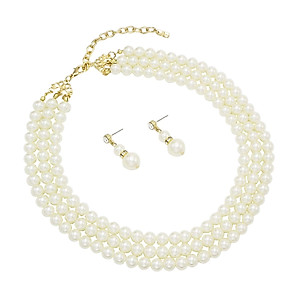 Rosemarie Collections Women's Multi Strand Classic Cream Faux Pearl Necklace and Earrings Jewelry Set, 16"-19" with 3" Extender (Cream/Gold Tone)