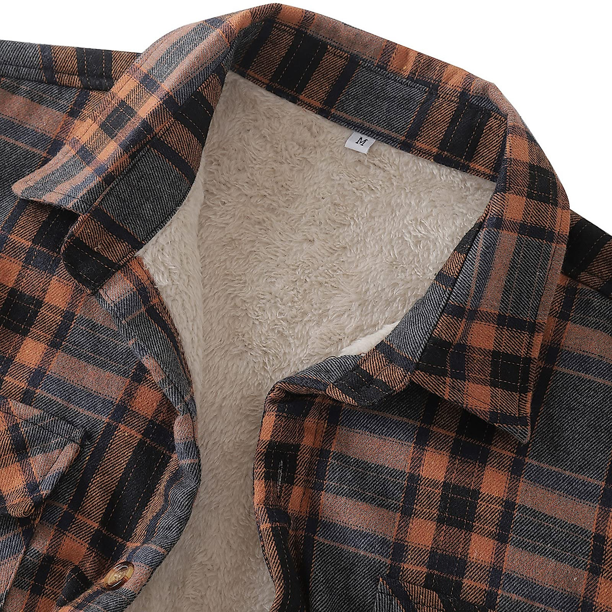 Burband Mens Long Sleeve Berber Fleece Lined Button Down Camp Flannel Shirts Brushed Cotton Thermal Sherpa Plaid Jackets, 2-brown