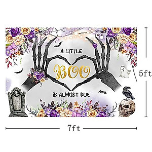 MEHOFOND 7x5ft Halloween Baby Shower Backdrop A Little Boo is Almost Due Purple Orange Floral Grey Watercolor Background Boos Tombstone Skull Crow Photo Booth Props