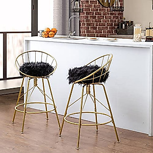 Alunaune 26inch Swivel Metal Bar Stools Gold Bar Chairs Set of 2 Black Faux Fur Counter Height Barstools Home Kitchen Counter Stool-Gold