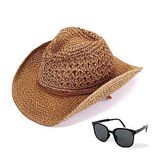 Generic Straw Cowboy Hat Wide Brim Sun Hat Cowgirl Summer Western Cowboy Hat for Holiday Party Men Women Travel Outdoor Family Sun Hat with Sunglasses Khaki