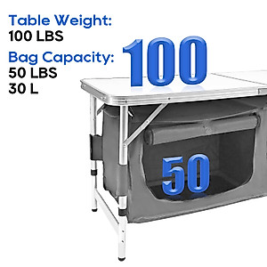 Moosinily Folding Camping Table 4 Ft Foldable Picnic Table 3 Height Adjustable Portable Camp Kitchen with Oxford Storage Outdoor White 47.2×18.5 inch
