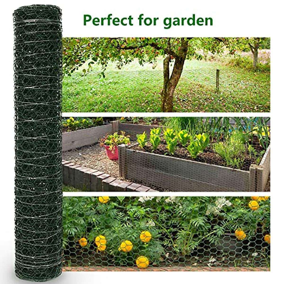 Aboofx Green Chicken Wire Netting, 118 x 15.7 in Chicken Wire for Foral Arrangements, Garden Poultry Chicken Wire Mesh, Hexagonal PVC Coated Galvanized Iron Wire, with 50 Zip Ties and 1 Pair of Glove
