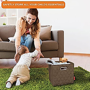 JIAessentials Medium 12-inch Brown Foldable Diamond Patterned Faux Leather Storage Cube Bins Set of Four with Handles with Dual Handles for living room, bedroom and office storage