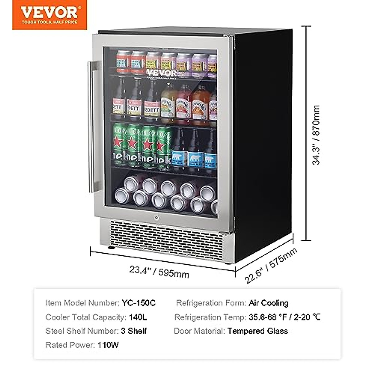 VEVOR Cooler 154 Cans Capacity Refrigerator Under Counter Built-in or Freestanding Beverage Fridge with Blue LED Light, Tempered Glass Door, Child Lock for Drink Soda Wine, Silver