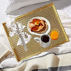 HofferRuffer Rectangle Serving Tray with Hole Handles for Coffee Table, Breakfast, Tea, Food, Butler - Countertop, Kitchen, Vanity Serve Tray, 16.2 x 12.2 x 2 inches, Faux Leather Tray (Gold)