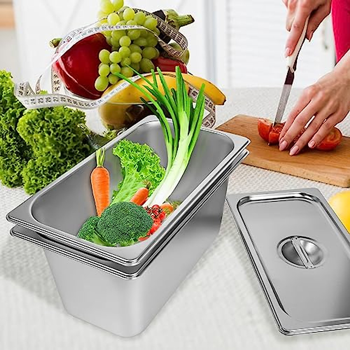 1/3 Size Hotel Pans with Lids, 6 Inch Deep 8Pcs Stainless Steel Steam Table Pans Steam Table Tray for Food Warmer Cooking Heat Restaurant Supplies for Kitchen Party Restaurant Hotel