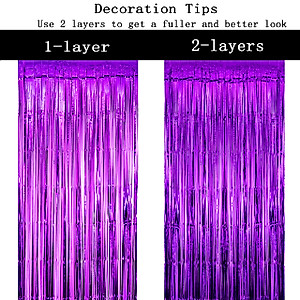 Black Purple Metallic Tinsel Foil Fringe Curtain - Video Game Birthday Baby Shower Graduation Halloween Retirement Bachelorette Wedding Anniversary Carnival Party Photo Booth Backdrop Decoration, 4pc