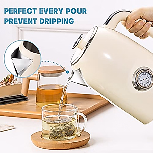 SUSTEAS Electric Kettle - 57oz Hot Tea Kettle Water Boiler with Thermometer, 1500W Fast Heating Stainless Steel Tea Pot, Cordless with LED Indicator, Auto Shut-Off & Boil Dry Protection, Beige