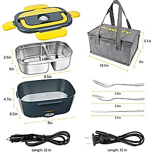 Electric Lunch Box, 60W Food Warmer, Heated Lunch Boxes for Adults, Heating Lunch Box for Work, Support 12V/24V/110V for Truck/Car/Work/Home, 304 Stainless Steel Container, Fork/Spoon/Knives, 1.5 L