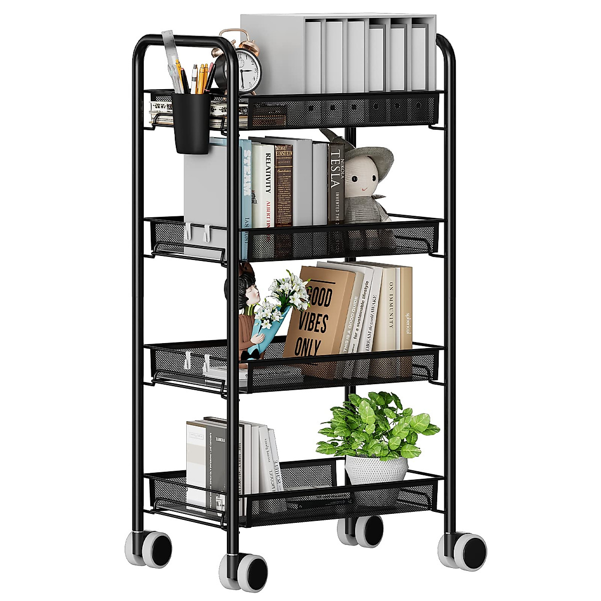 DMplus 4-Tier Metal Rolling Cart on Wheels with Baskets, Easy Carry and Assemble Multifunction Utility Cart with Practical Bucket and Hooks, Black MRC01B