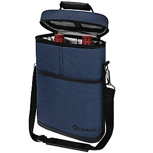 OPUX 2 Bottle Wine Carrier Tote, Insulated Leakproof Wine Cooler Bag, Wine Travel Bag for Picnic BYOB Beach, Portable Wine Bottle Carrying Case, Gift for Wine Lover Women Men Christmas, Navy