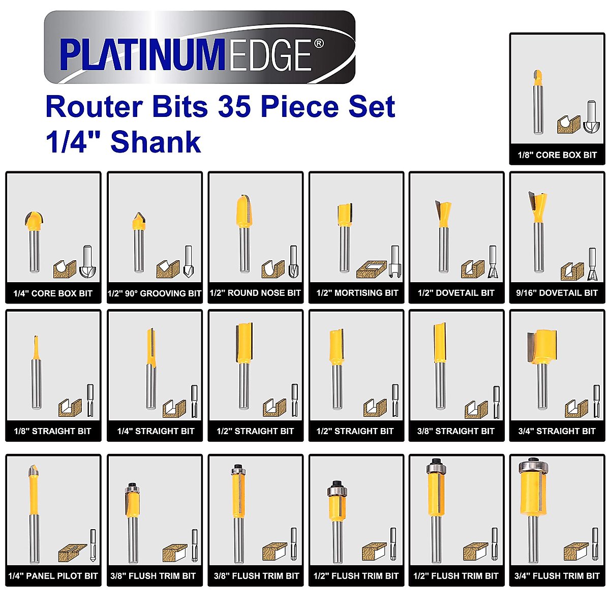 PLATINUMEDGE Router Bits Set, Tungsten Carbide Router Bits Set 1/4 Shank, Router Bit Kit for DIY, Woodworking Project, 35 Piece Set with Premium Aluminum Carry Storage Case