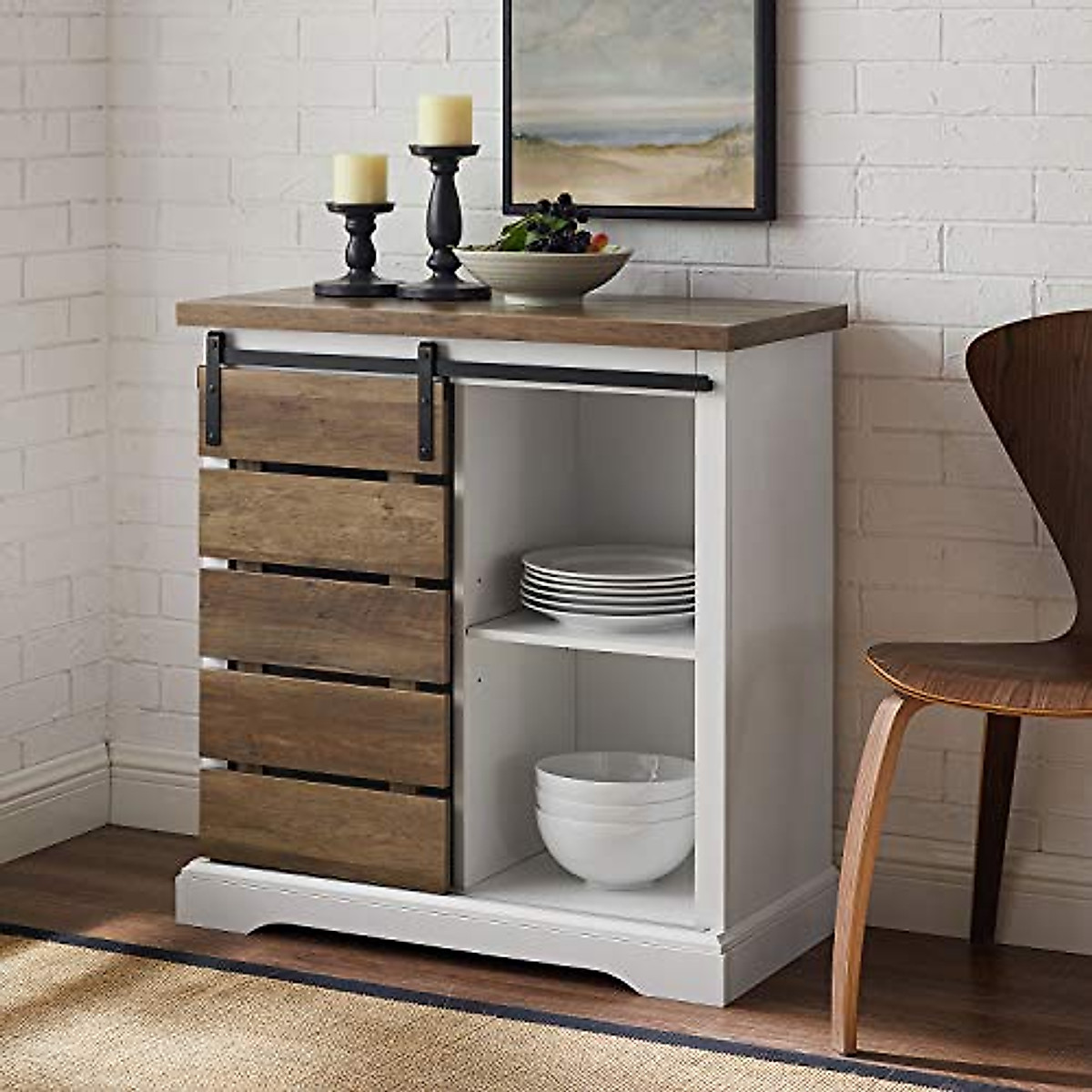 Walker Edison Willa Modern Farmhouse Sliding Single Slat Door Storage Console, 32 Inch, White and Rustic Oak