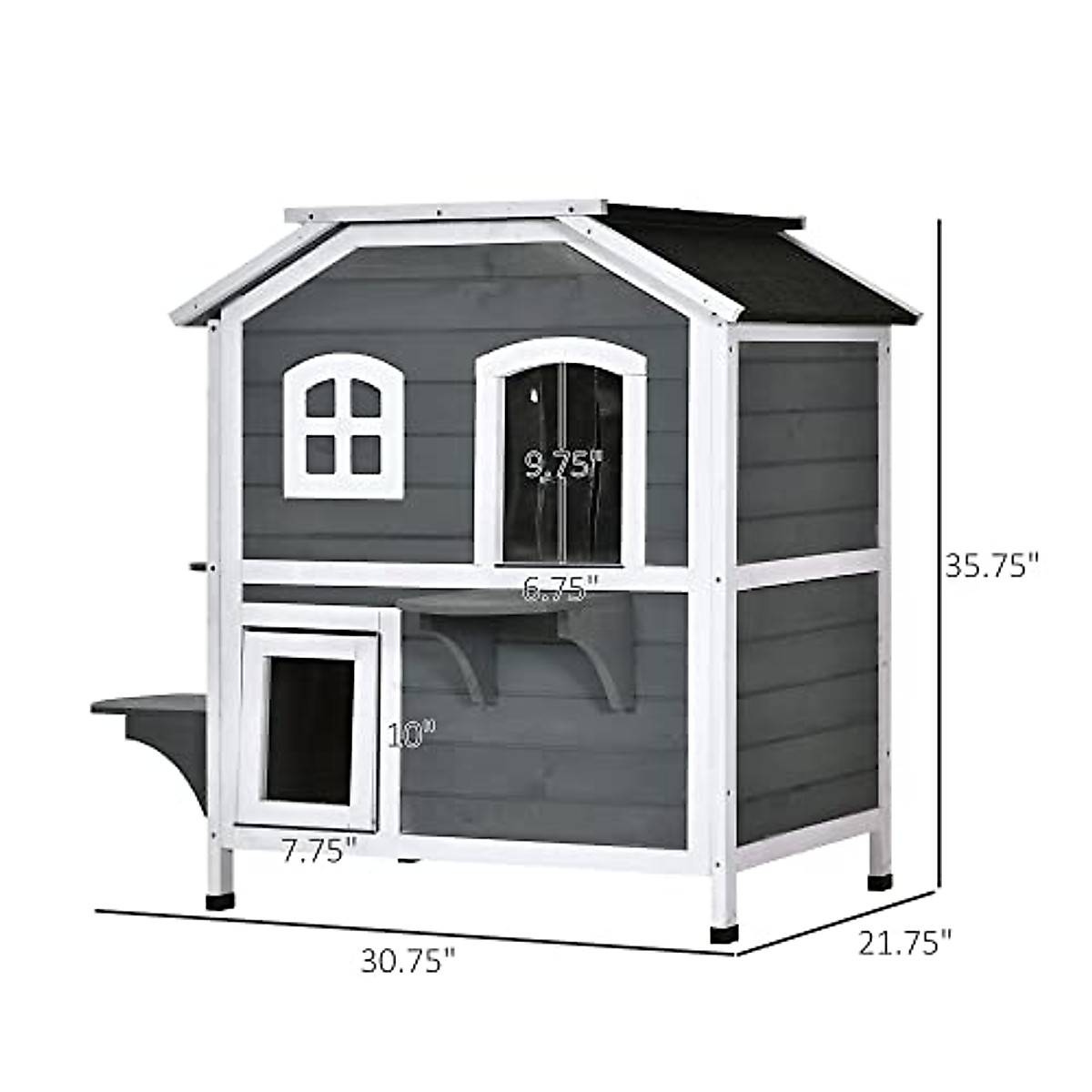 PawHut 2-Story Cat House Outdoor, Weatherproof Wooden Cat Enclosure for Feral Cats with Escape Door, Openable Roof, Jumping Platforms, Gray