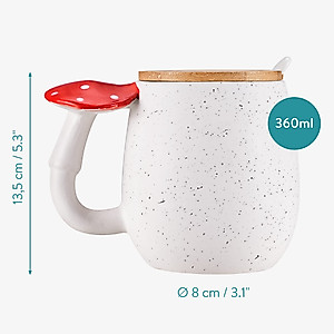 Navaris Mushroom Mug with Lid and Spoon - Ceramic Cup for Coffee, Tea, Hot or Cold Drinks - 12 oz Novelty Drink Holder Set Cute Bamboo Lidded Design