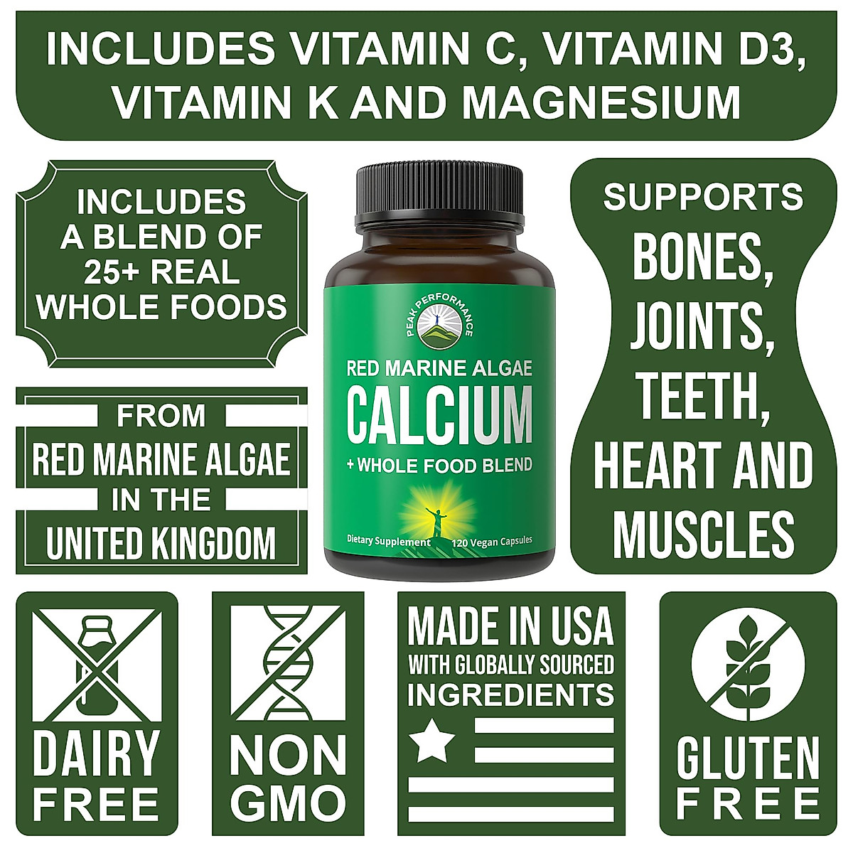 Plant Based Calcium - Red Marine Algae Calcium Supplement with Vitamin C, D3, K, Magnesium, and Whole Food Vegetable Blend. Vegan Capsules for Bones and Joints. 120 Calcium Pills, Tablets