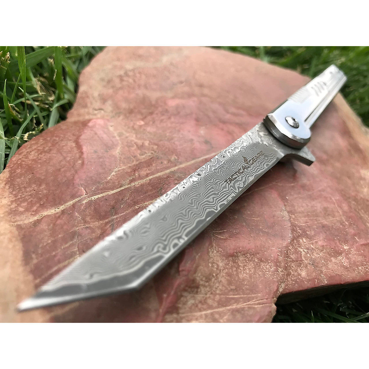 TACTICAL GEARZ Damascus Pocket Knife for EDC! Stainless Steel Handle! 67 Multi Layered Damascus Steel Tanto Blade! Includes Sheath! (Kraz XT)