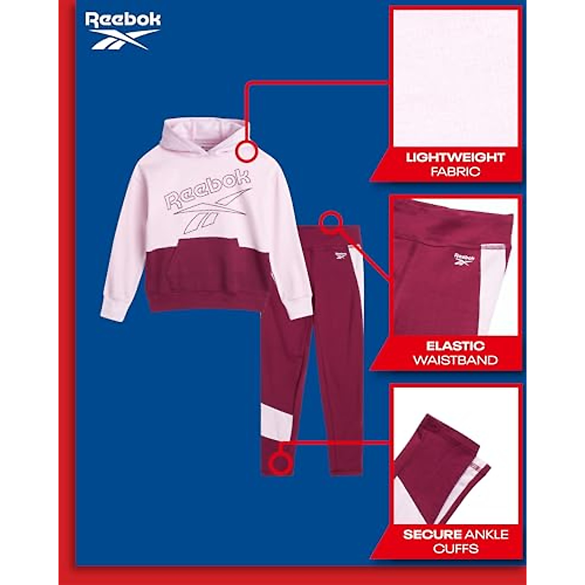 Reebok Girls' Sweatsuit Set - 2 Piece Hoodie Sweatshirt and Leggings - Youth Clothing Set for Girls (7-12), Size 8, Frost Berry