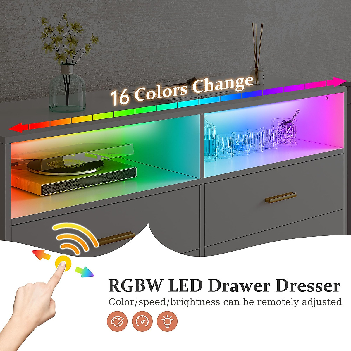 EnHomee Dresser for Bedroom, White Dresser with LED, Chests of Drawers, 6 Drawers & 2 Shelves for Bedroom, Wood Chests of Drawers, Large Space Saver Furniture