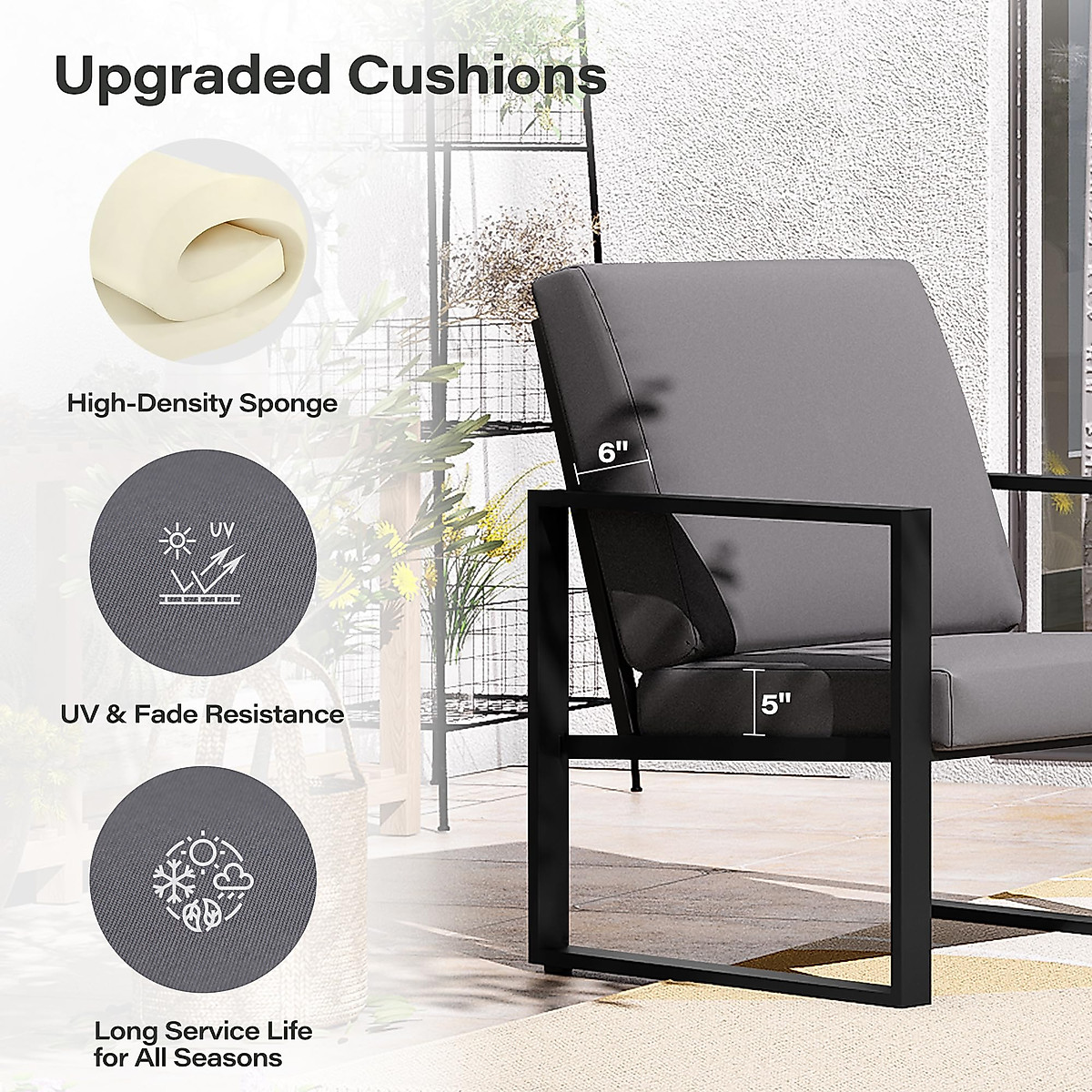 LAUSAINT HOME Patio Furniture Set, 4 Pcs Modern Outdoor Conversation Set with Table, Outdoor Metal Sectional Sofa with 6‘’ Removable Sponge Cushions, Adjustable Foot for Patio, Porch, Backyard, Pool