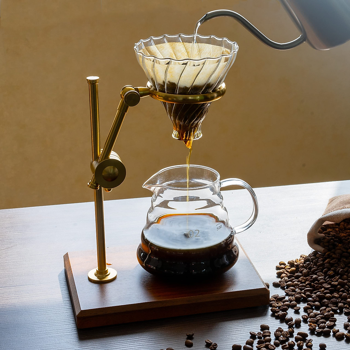 L'ÉPICÉA Pour Over Coffee Maker Set, Pour Over Coffee Maker with Stand, Adjustable Stainless Steel Stand, Wooden Base, Paper Filters, Cone Glass Coffee Carafe, Pour Over Coffee Dripper