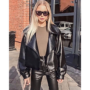 LY VAREY LIN Women Black Faux Leather Jackets Casual Short Oversized Coat Asymmetrical Motor Biker Jacket (Black, L)