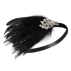 SWEETV 1920s Flapper Headband, Feather Great Gatsby Headpiece, Roaring 20s Vintage Hair Accessories, Black