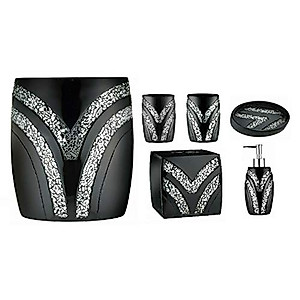 6 Piece Sinatra Resin Bath Accessory Set, Cracked Glass, Black