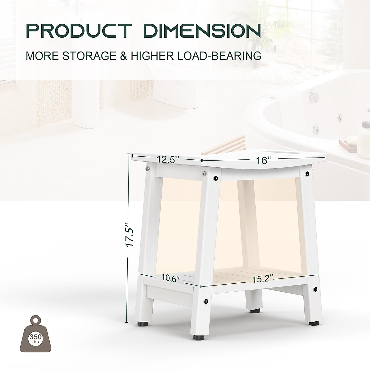 BEKVEM Shower Bench for Inside Shower - White HDPE Shower Stool Waterproof - Spa Bathroom Seat Chair with Handle, Storage Shelf, Adjustable Feet - Indoor/Outdoor, Weather Resistant