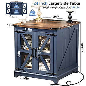 Joaxswe Farmhouse End Table with Charging Station, 24" Large Sofa Side Table with Glass Barn Door, Blue Nightstand with Adjustable Storage Shelf,Wood Square Bedside Table for Living Room,Bedroom