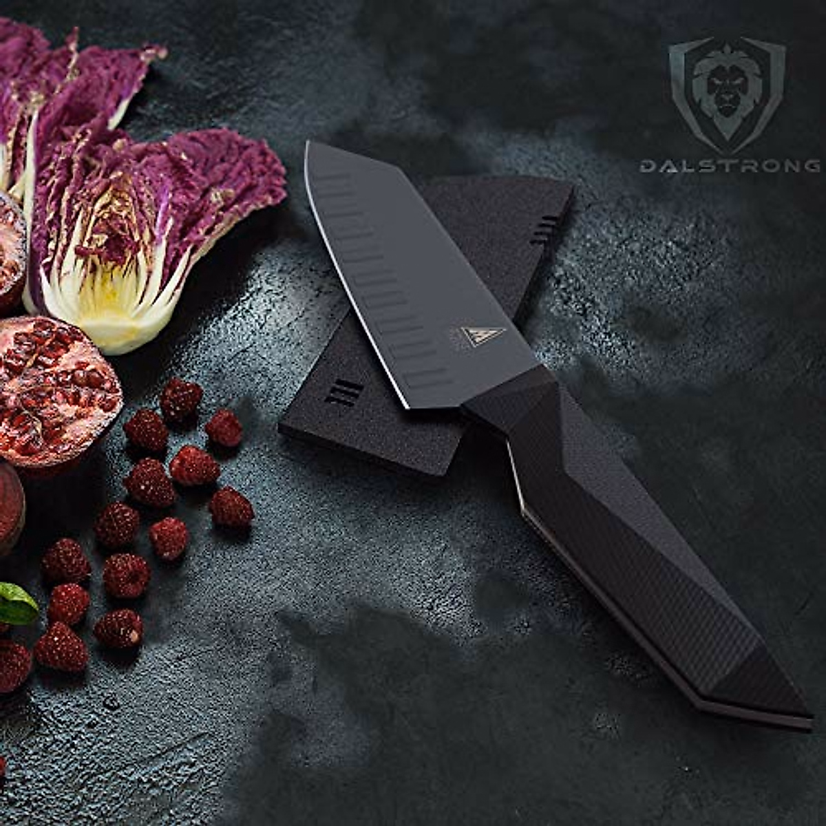 Dalstrong Shadow Black Series Black Titanium Nitride Coated High Carbon 7CR17MOV-X Vacuum Treated Steel Santoku Kitchen Knife, 7 Inches, Sheath Included
