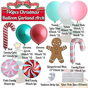 Enanal Pink Christmas Balloon Garland Arch Kit, 146pcs Pastel Pink Green Metallic Red Green Balloons with Candy Cane Gingerbread Foil Balloons for Christmas New Year Party Decoration (Pink)