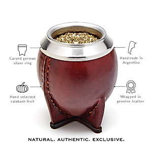 BALIBETOV Premium Yerba Mate Gourd (Mate Cup) - Uruguayan Mate - Leather Wrapped - Includes Stainless Steel Bombilla and Cleaning Brush. (Torpedo Burgundy)