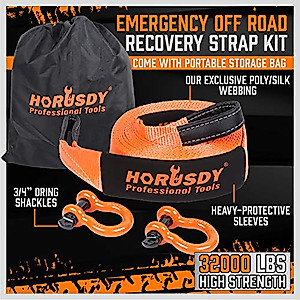 HORUSDY Nylon Heavy Duty Tow Strap Recovery Strap with Hooks 3" x 30Ft - 32,000 LBS Break Strength, 3/4 D Ring Shackles (2pcs), Recover Your Vehicle Stuck in Mud/Snow.